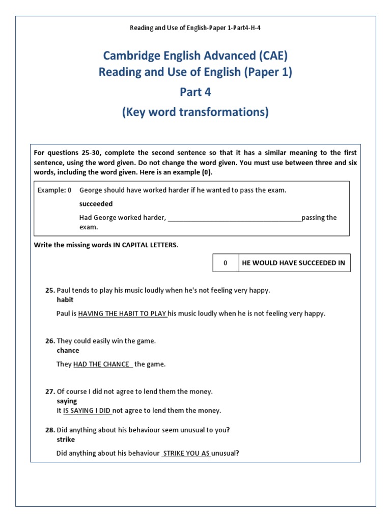 Reading and Use of English-Paper 1-Part4-H-4 | PDF