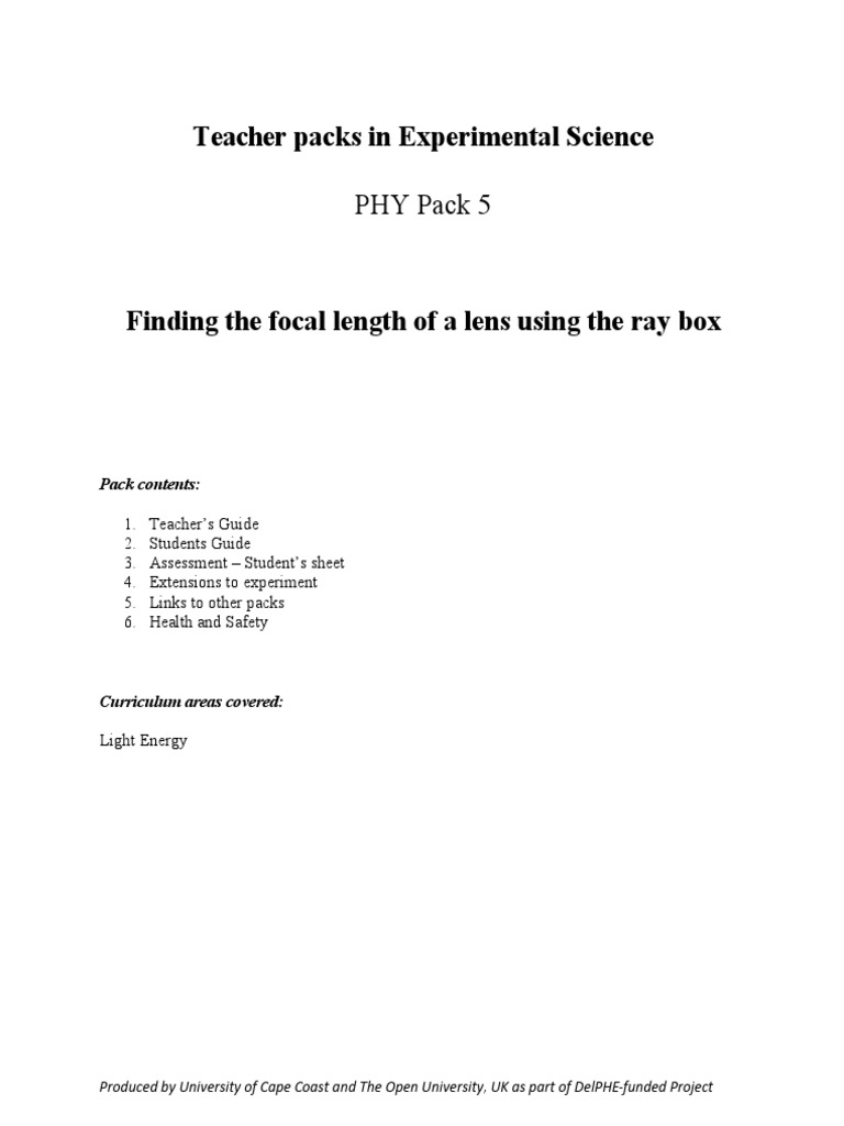 Teacher Packs in Experimental Science: PHY Pack 5 | PDF | Lens (Optics ...