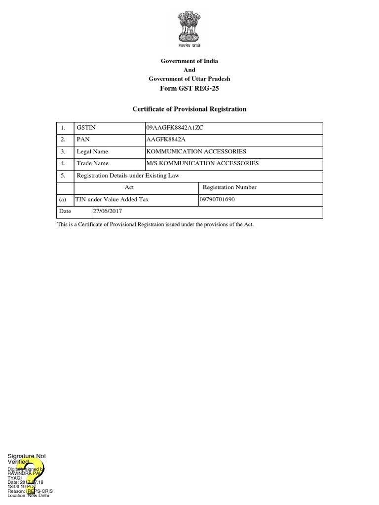 Obtaining Provisional GST Registration: Certificate Issued to ...