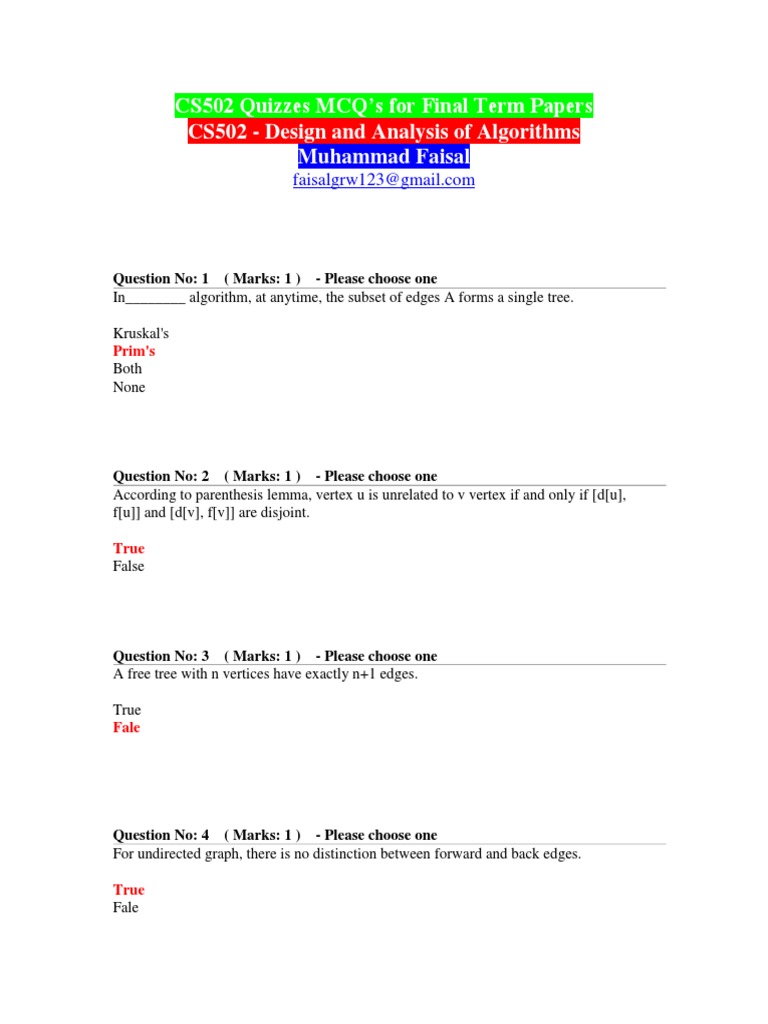 CS502 Quizzes MCQ's For Final Term Papers PDF | PDF | Vertex (Graph Theory) | Areas Of Computer ...