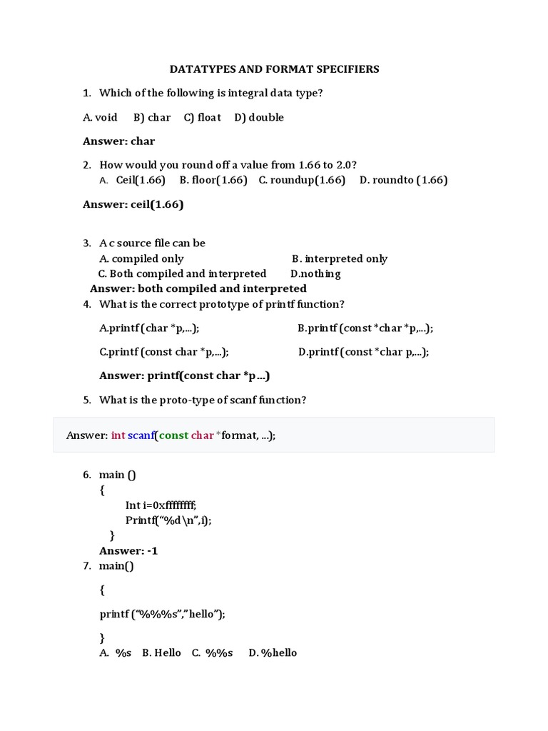 Datatypes And Format Specifiers Int Char Pdf Notation Software Engineering
