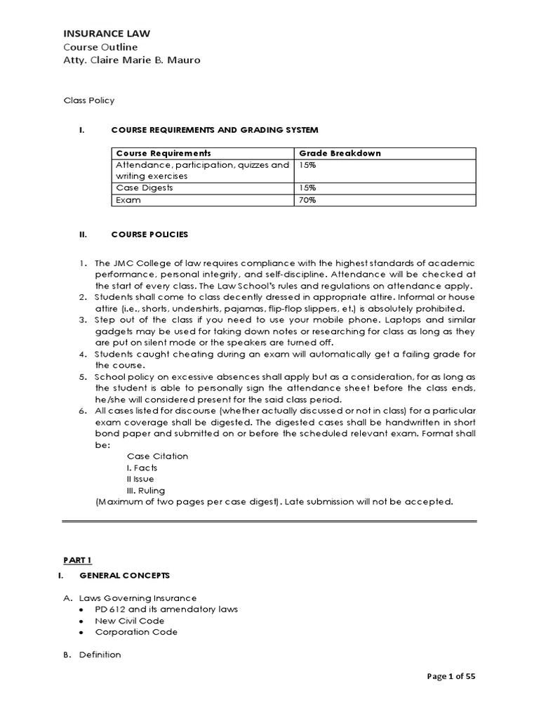 Insurance Course Outline | PDF | Tort | Insurance