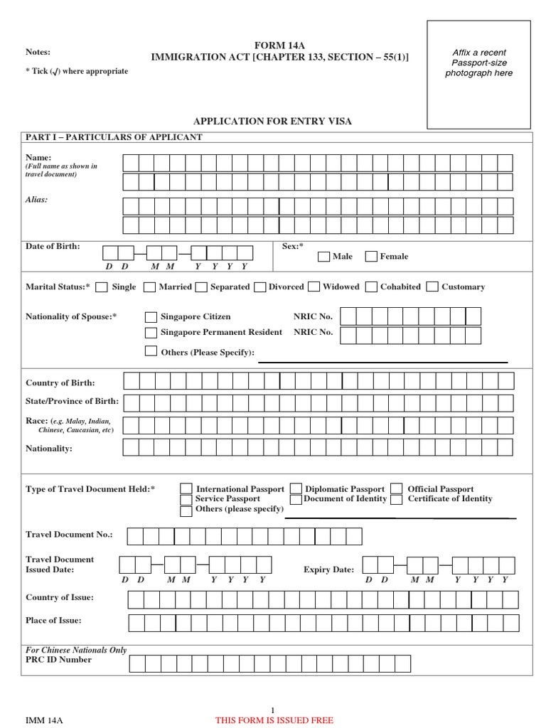Singapore Visa Application Form 14A | PDF | Travel Visa | Passport