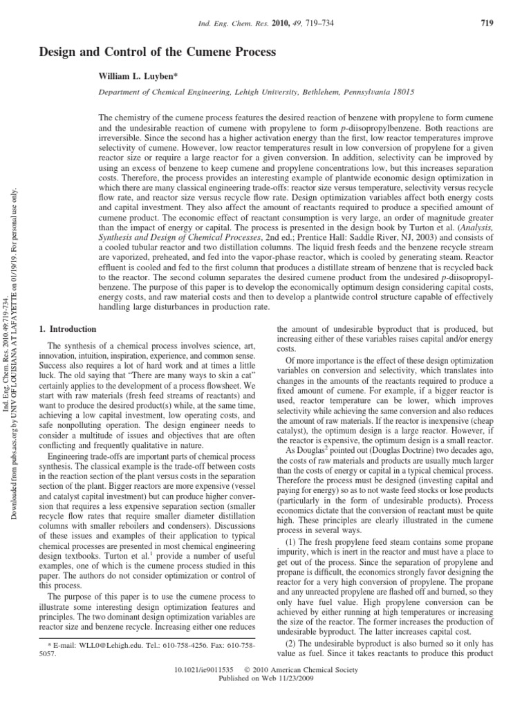 Design and Control of The Cumene Process: William L. Luyben | PDF ...