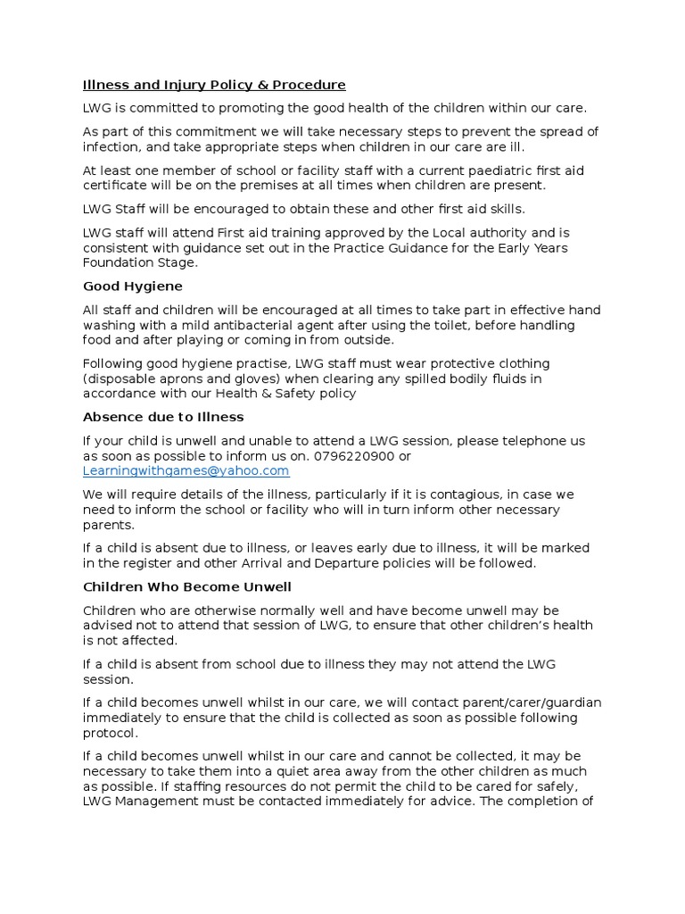 Illness and Injury Policy and Procedure | PDF | Hygiene | Infection