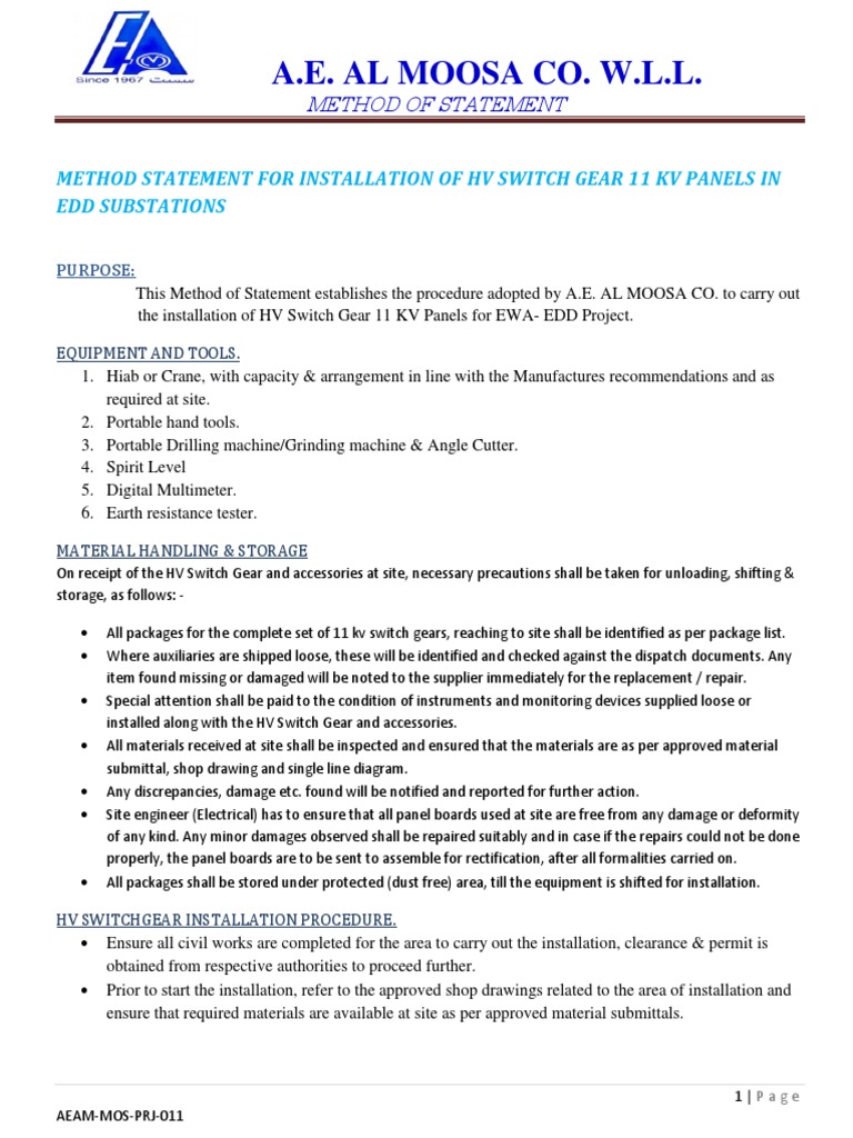 METHOD STATEMENT Installation of HV Switch Gear 11kv Panels | PDF | Tools | Switch