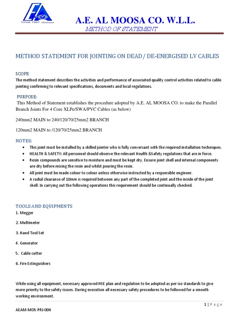 Method Statement - Cable Joint LV | PDF | Electrical Connector ...
