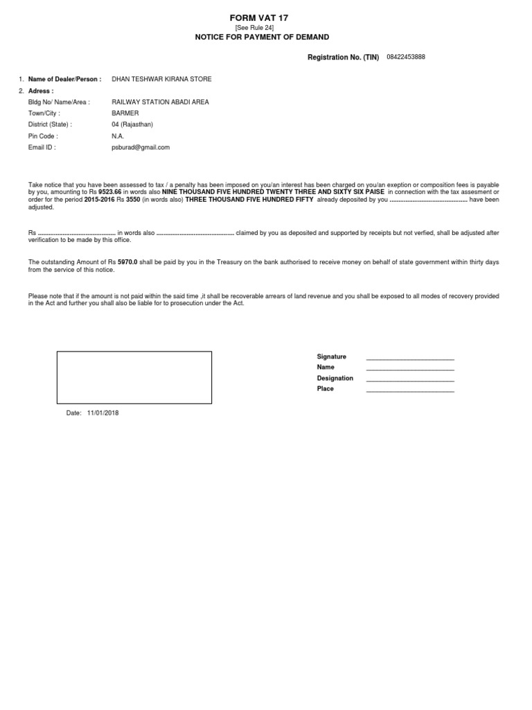 Form Vat 17: Notice For Payment of Demand | PDF | Public Finance ...