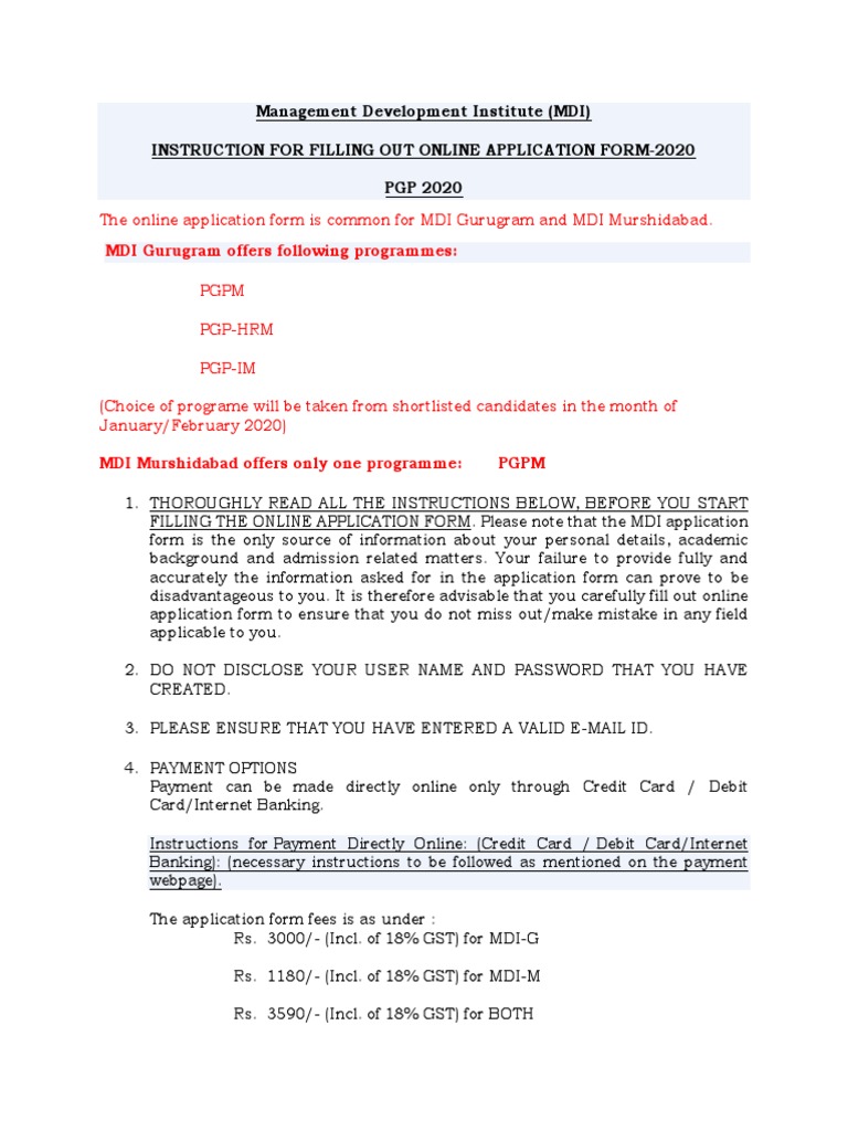 Management Development Institute (MDI) Instruction For Filling Out ...