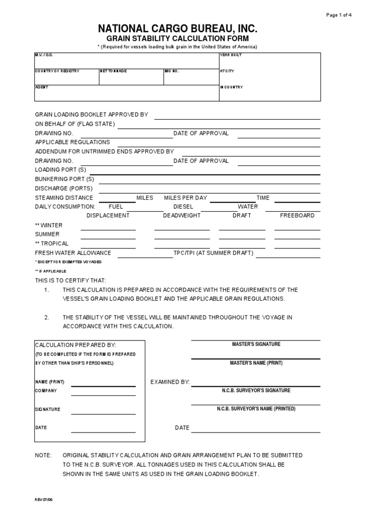 National Cargo Bureau, Inc.: Grain Stability Calculation Form | PDF ...