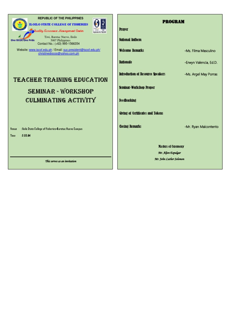 Teacher Training Education Seminar - Workshop Culminating Activity | PDF