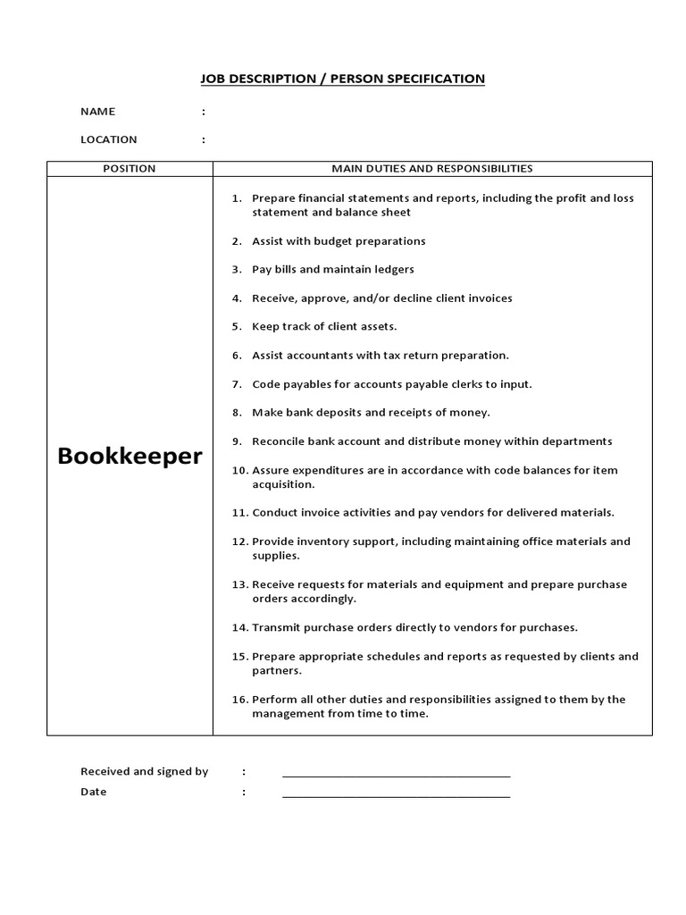 Bookkeeper: Job Description / Person Specification | PDF