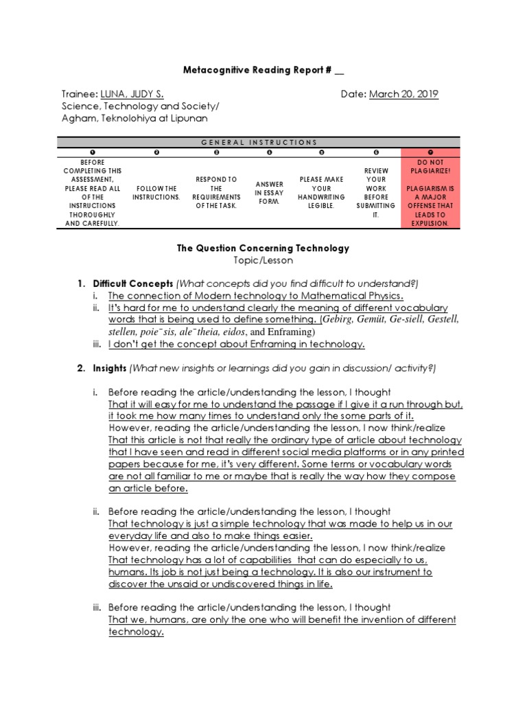 Metacognitive Reading Report | PDF | Plagiarism | Epistemology