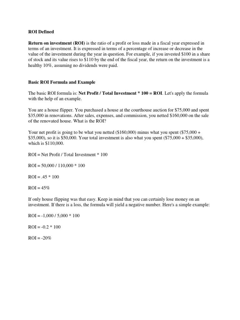 ROI Defined Return On Investment (ROI) Is The Ratio of A Profit or Loss ...
