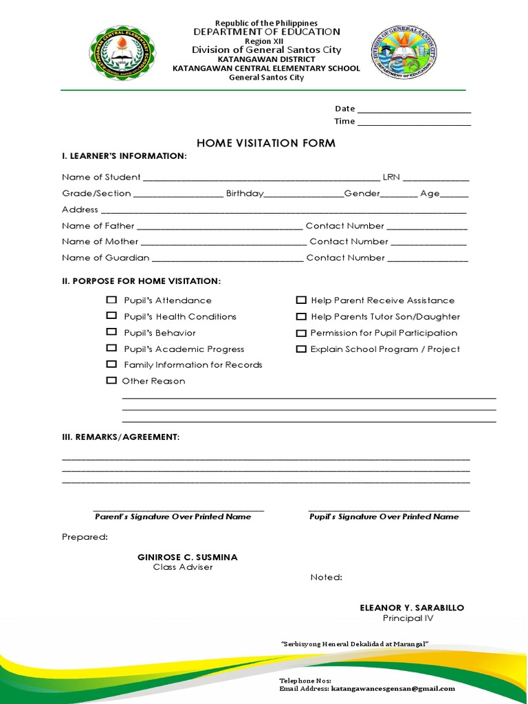 Home Visitation Form: Department of Education Division of General ...