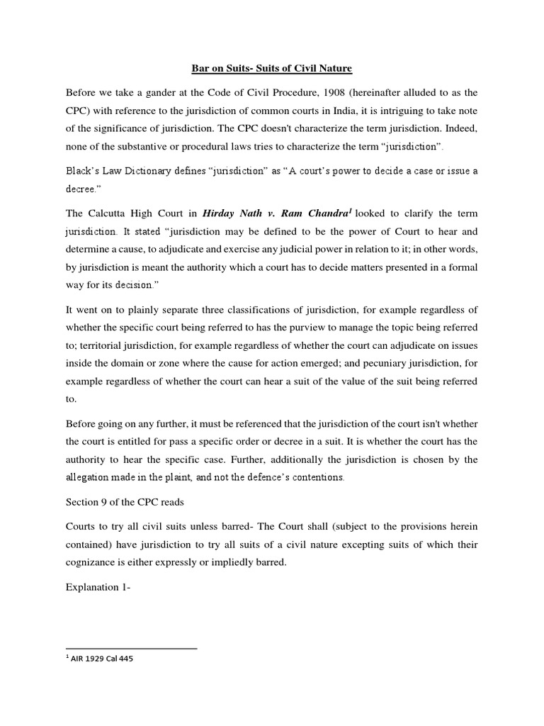 Bar On Suits-Suits of Civil Nature: AIR 1929 Cal 445 | PDF | Lawsuit ...