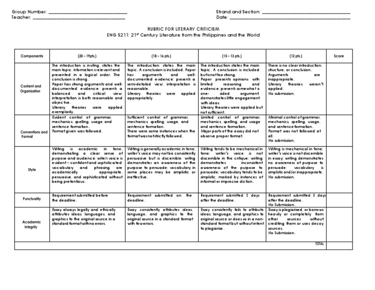 Rubric for Literary Criticism: Guidelines for Assessing Student Work ...