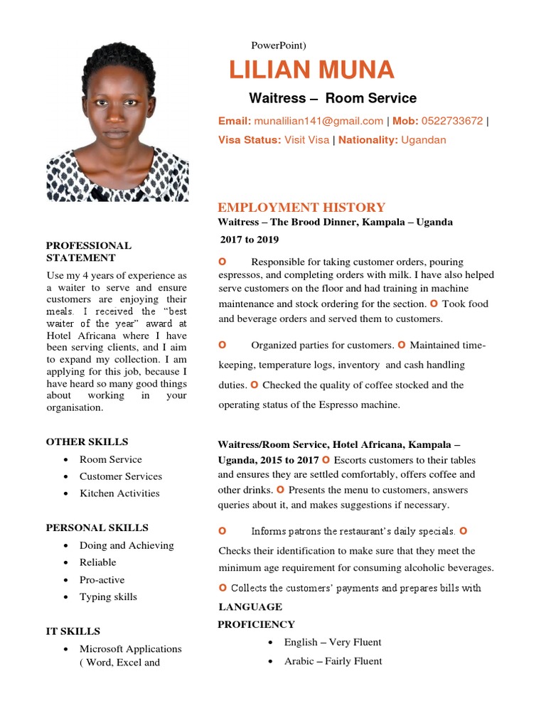 Waitress Resume - Lilian M | PDF | Waiting Staff | Restaurant And Catering