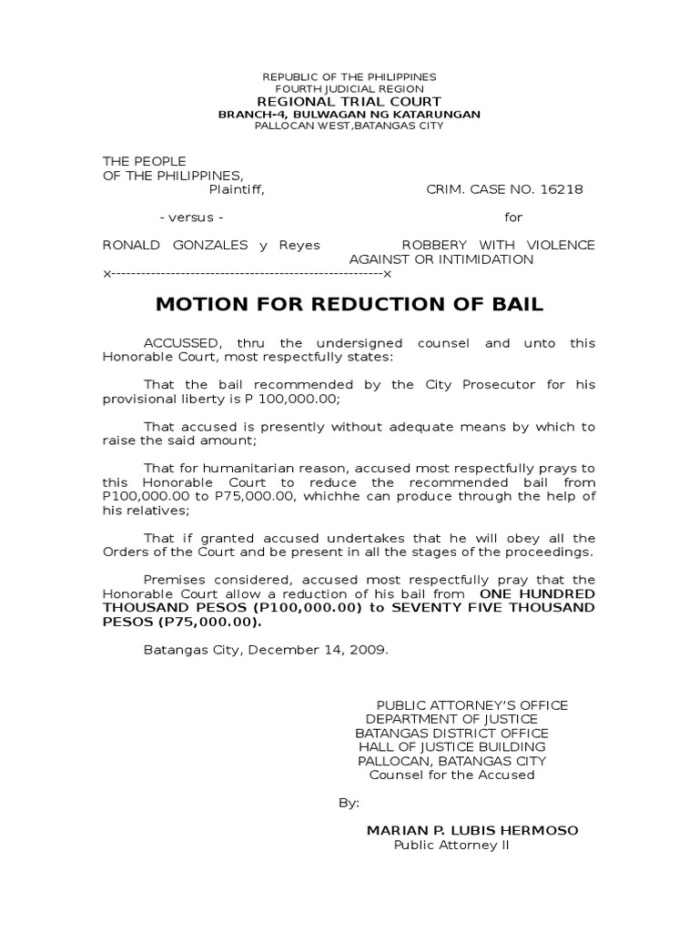 Motion For Reduction Bail-CAPILLO 2 | PDF | Bail | Prosecutor