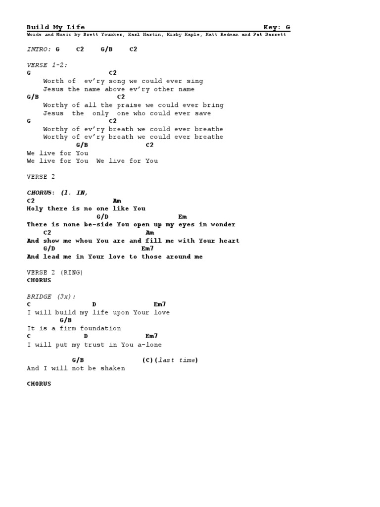 Build My Life Key: G: Intro: G C2 G/B C2 VERSE 1-2 | PDF