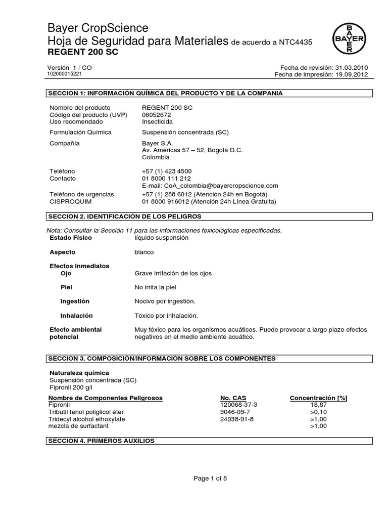 Hoja de Seguridad REGENT 200 SC | PDF | Agua | Residuos