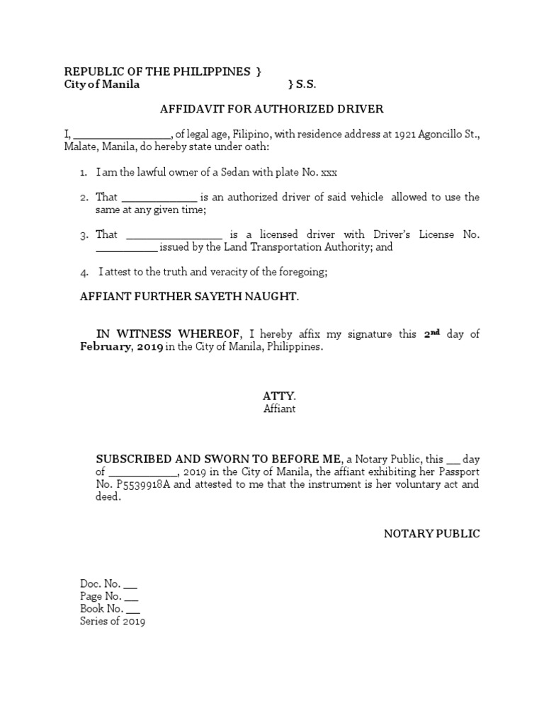 Affidavit For Authorized Driver (Insurance Claim) | PDF