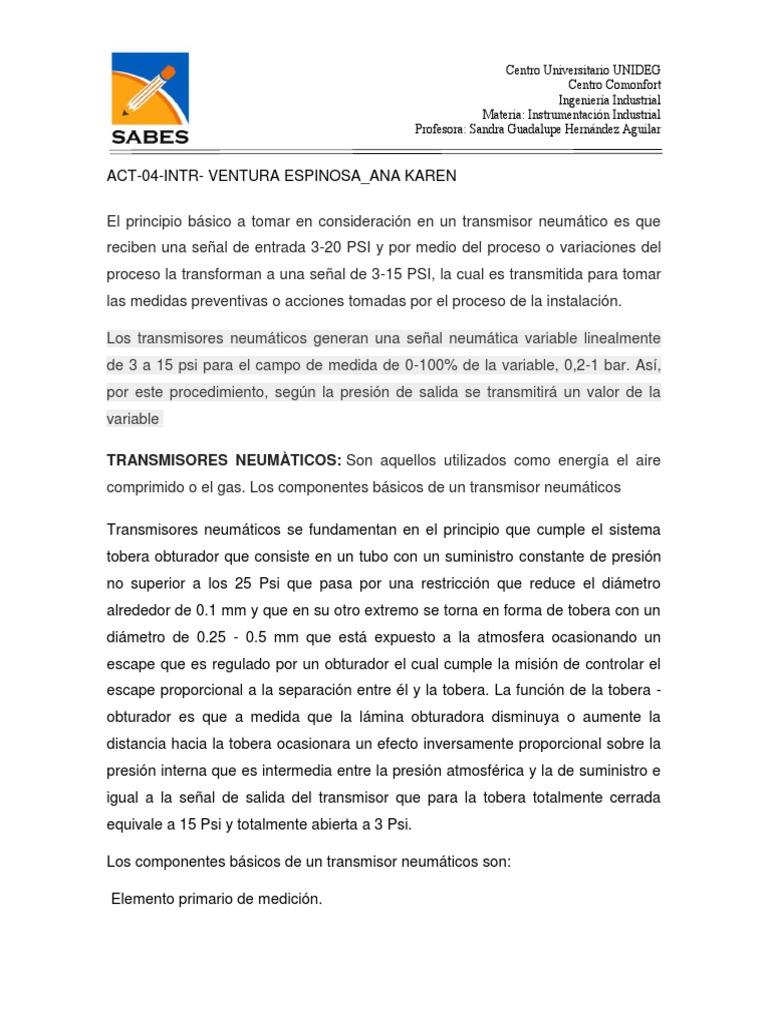 Funcionamiento de Transmisores Neumáticos | PDF | Neumático | Boquilla