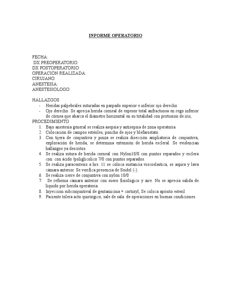 Informe Operatorio Trauma | PDF | Salud y bienestar | Ciencia y matemáticas
