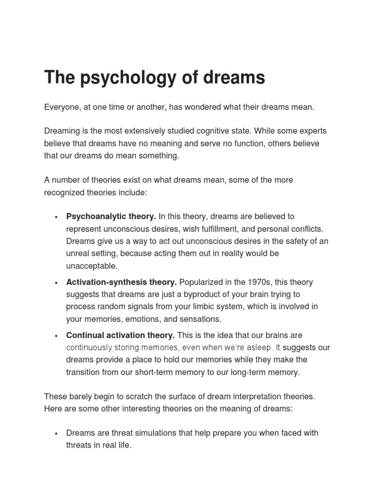 The Psychology of Dreams: Psychoanalytic Theory. in This Theory, Dreams ...