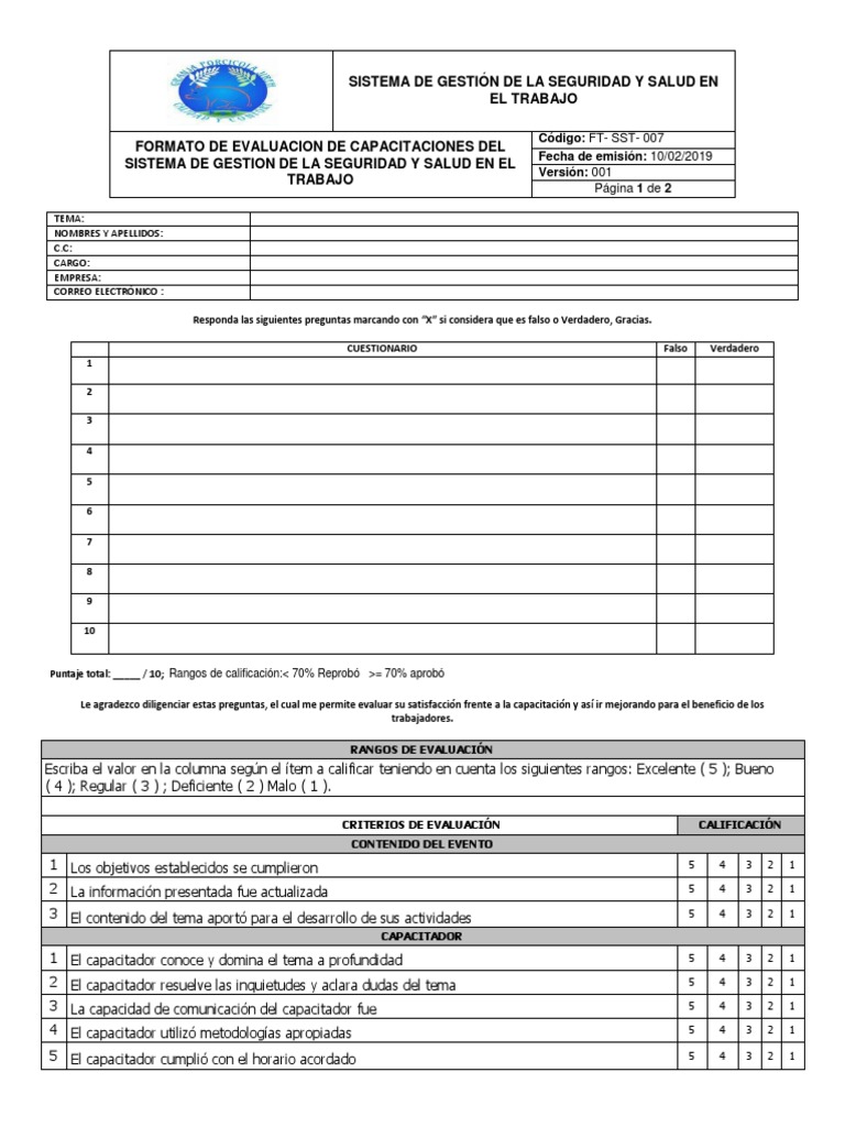 Formato Evaluacion de Capacitacion | PDF | Evaluación | Business