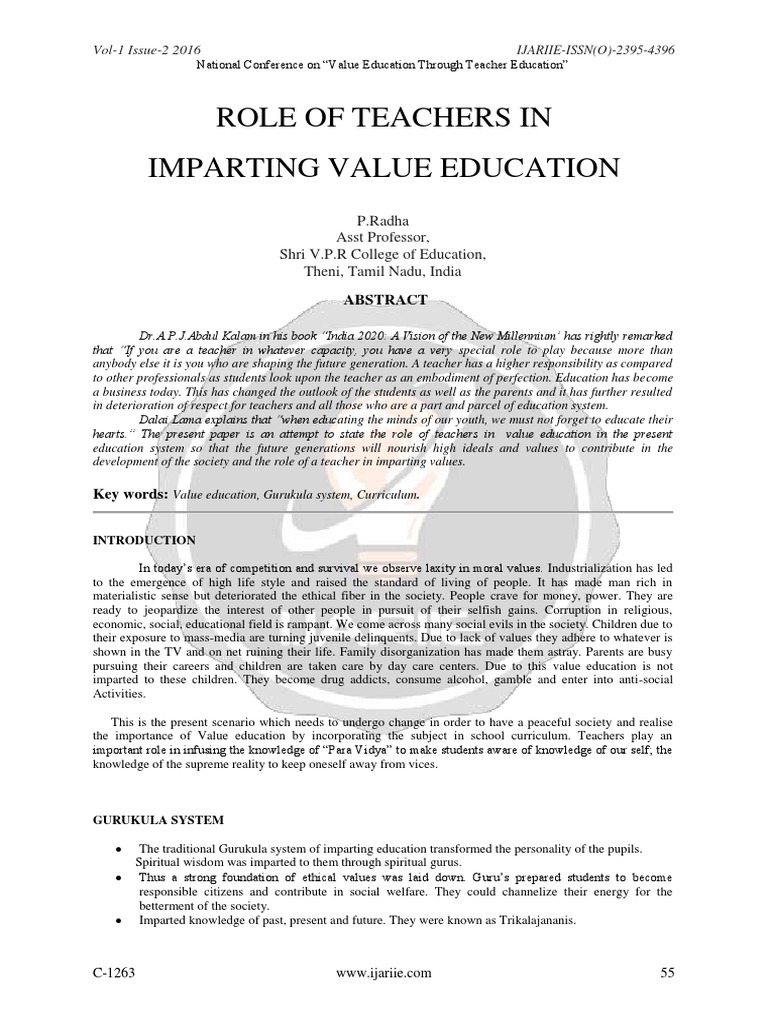 Role of Teachers in Imparting Value Education | PDF | Value (Ethics) | Teachers