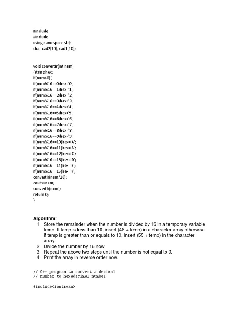 Algorithm C Program To Convert A Decimal Number To Hexadecimal Number Include Pdf