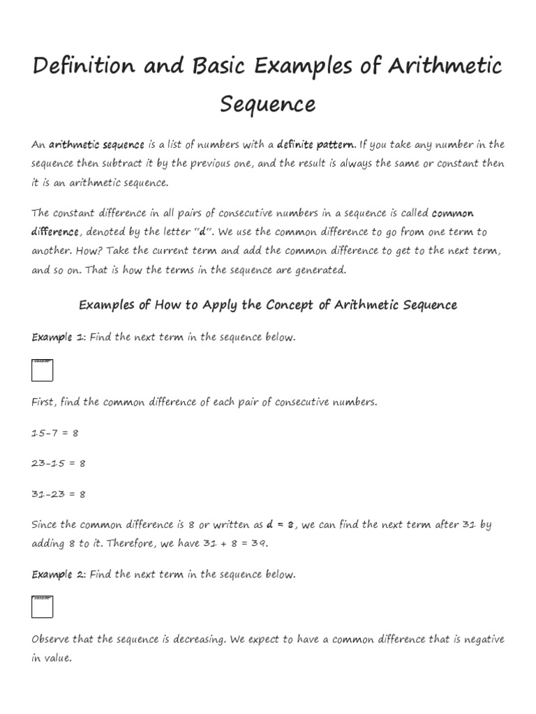 Definition and Basic Examples of Arithmetic Sequence | PDF | Arithmetic ...