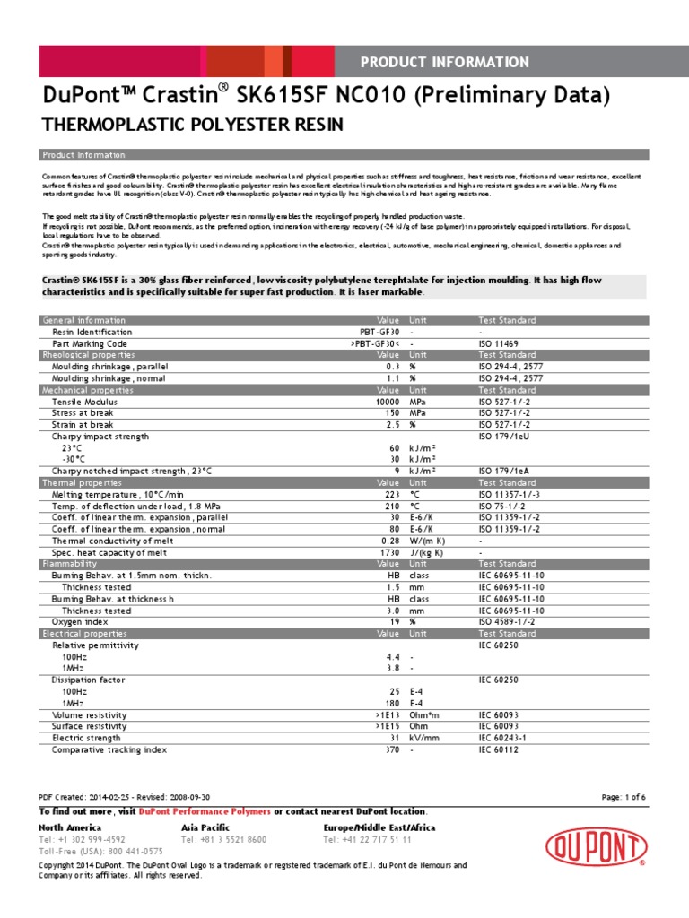 Dupont™ Crastin Sk615Sf Nc010 (Preliminary Data) : Thermoplastic ...