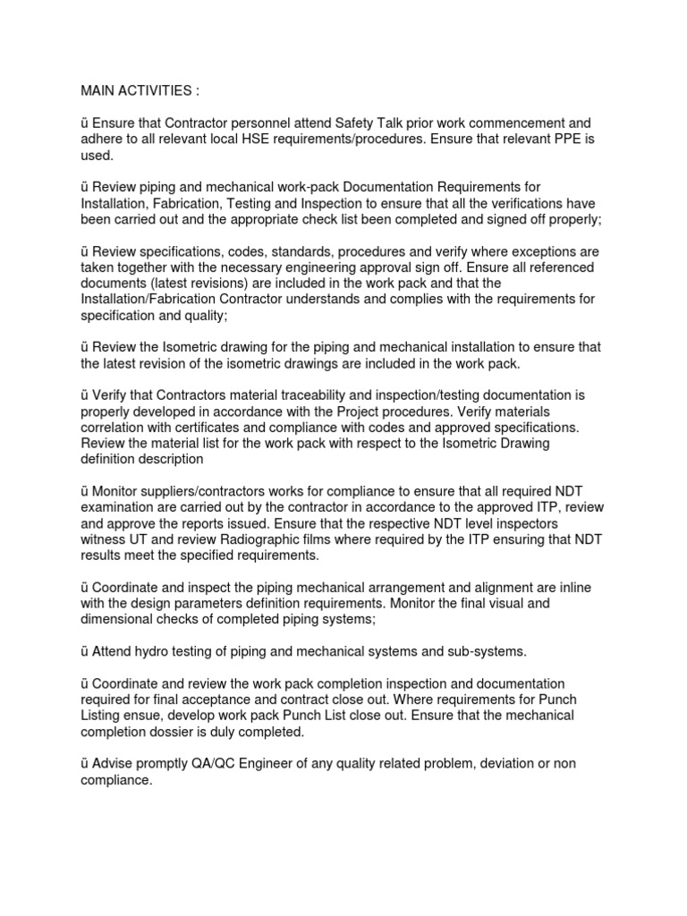 Duties of Piping Inspector | PDF | Nondestructive Testing ...