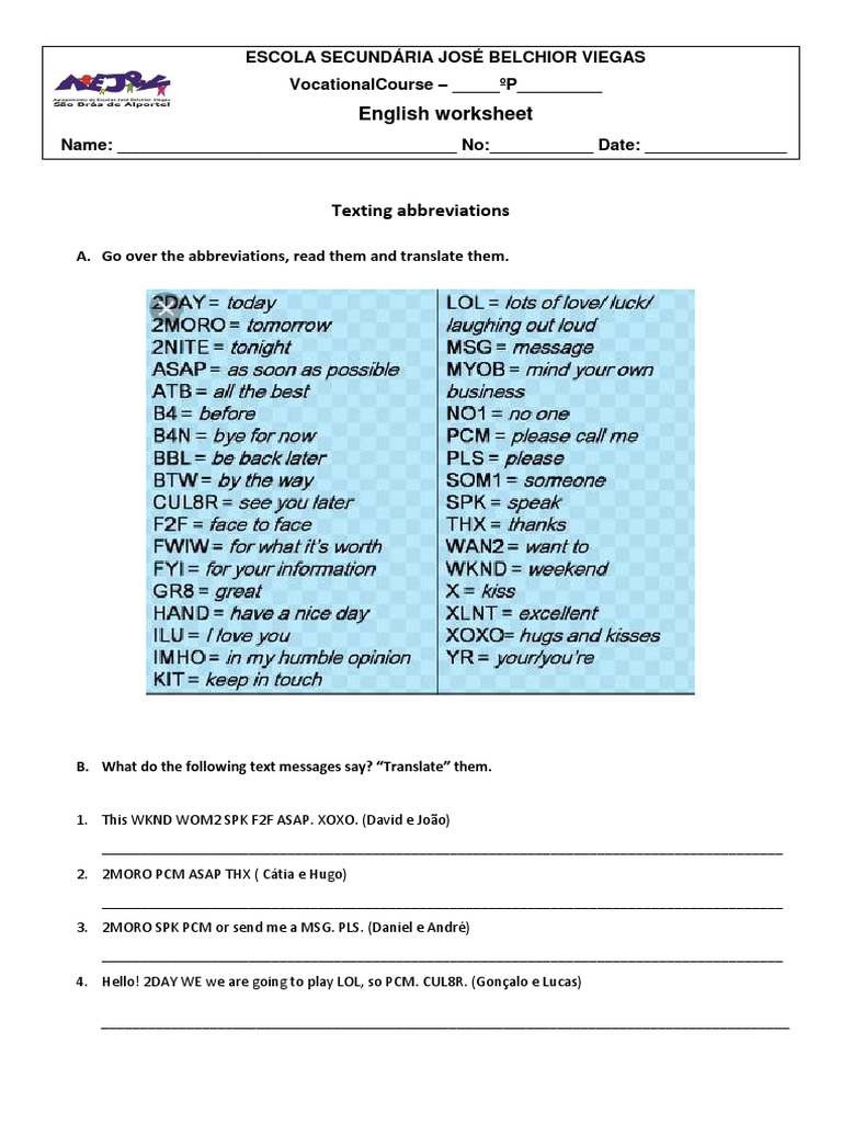 Worksheet Texting Abbreviations | PDF
