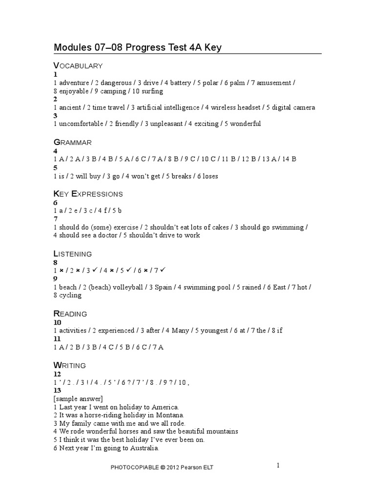 Modules 07-08 Progress Test 4A Key: Ocabulary | PDF