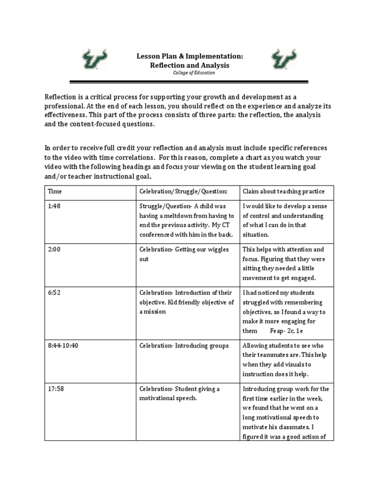 Lesson Plan & Implementation: Reflection and Analysis: College of ...