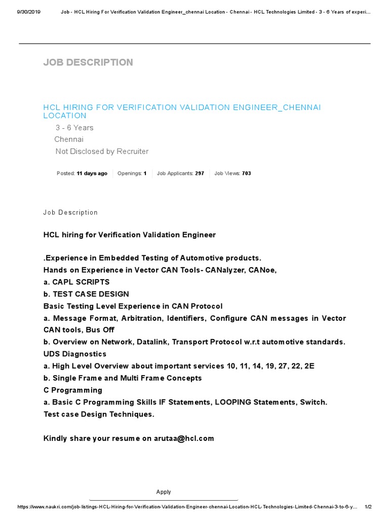 Job Description: HCL Hiring For Verification Validation Engineer ...