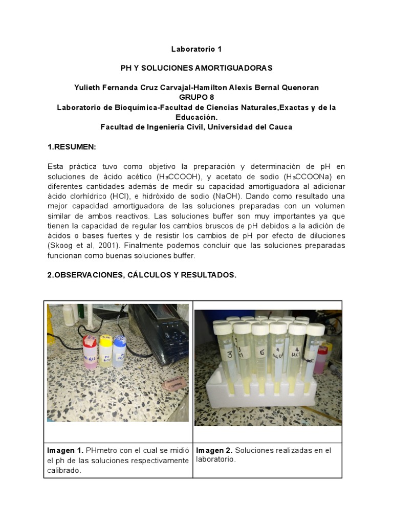 Informe de Laboratorio PH y Soluciones Amortiguadoras | PDF | Solución tampón | Ph