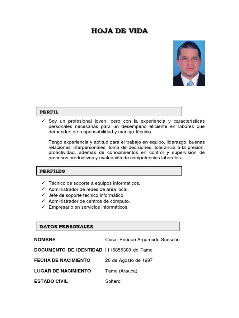 Hoja de Vida Cesar Argumedo | PDF | Business