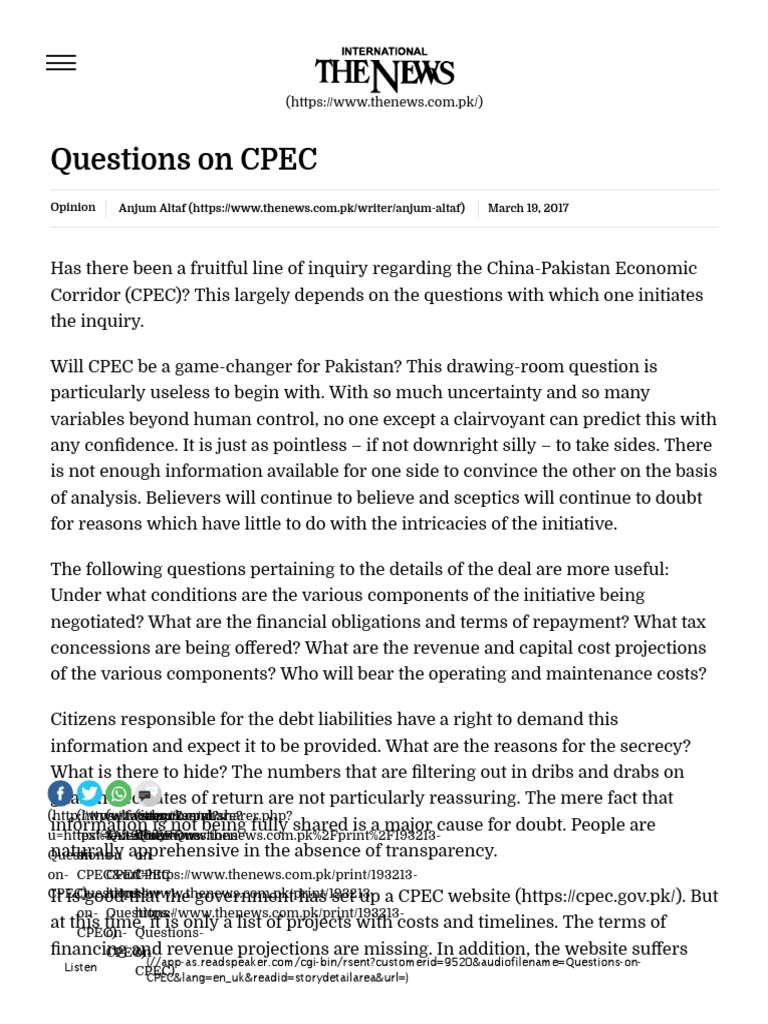 Questions On CPEC: March 19, 2017 Opinion | PDF | Pakistan | Economies