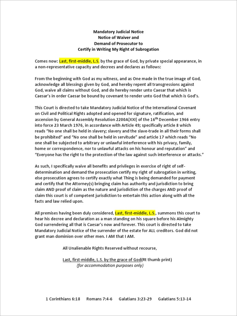 Judicial Notice of Right of Subrogation | PDF | Natural And Legal ...