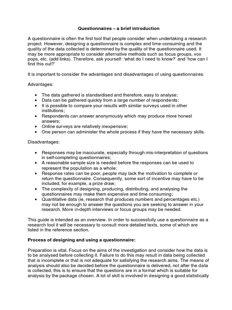 Questionnaires - A Brief Introduction | PDF | Survey Methodology ...