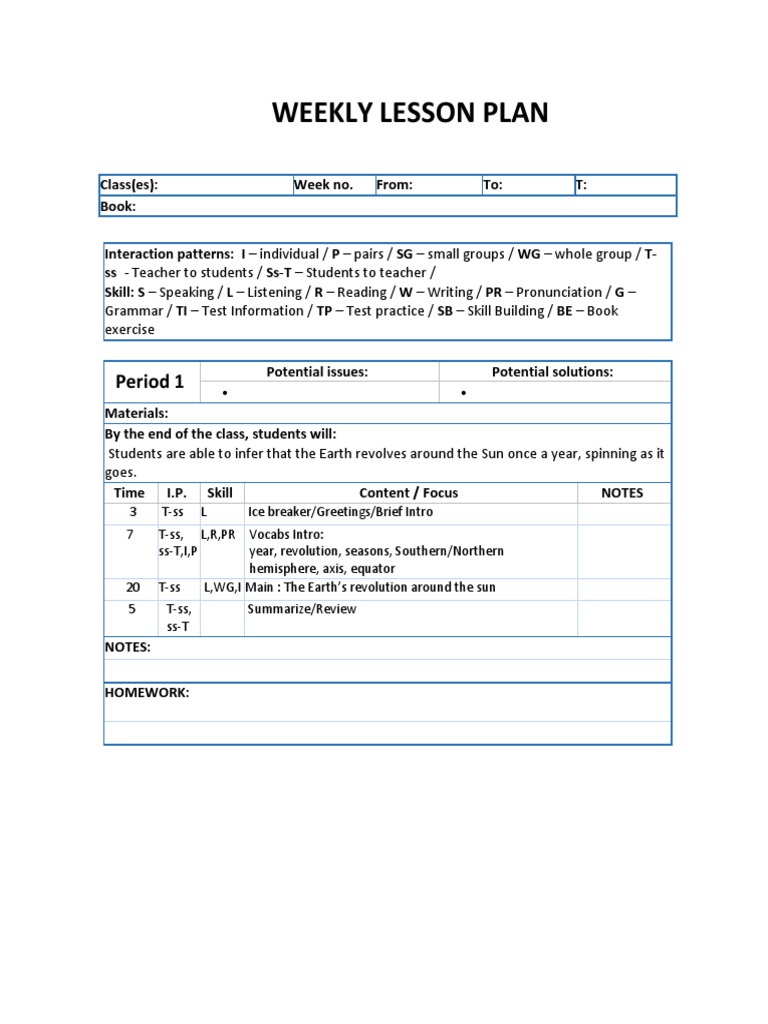 Weekly Lesson Plan: Period 1 | PDF | Language Arts & Discipline