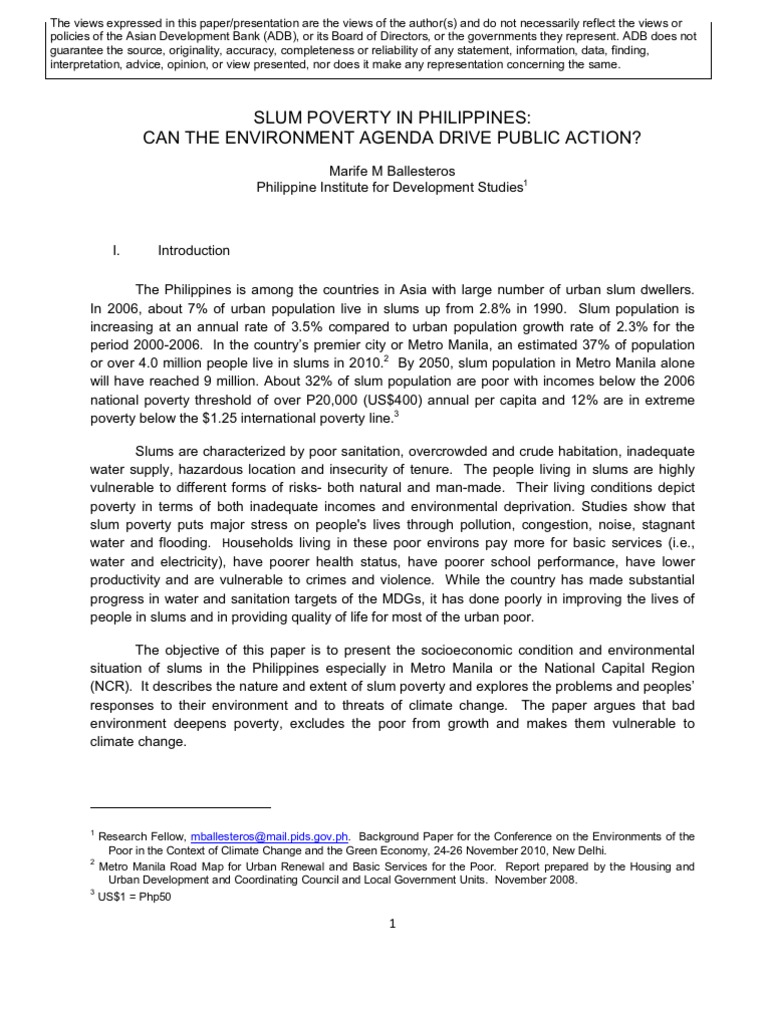 Addressing Slum Poverty in The Philippines: Can The Environment Agenda ...