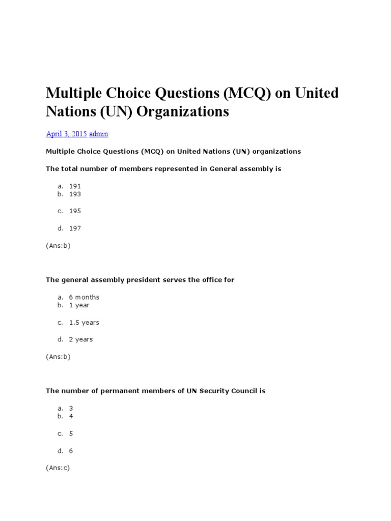 Multiple Choice Questions (MCQ) On United Nations (UN) Organizations ...