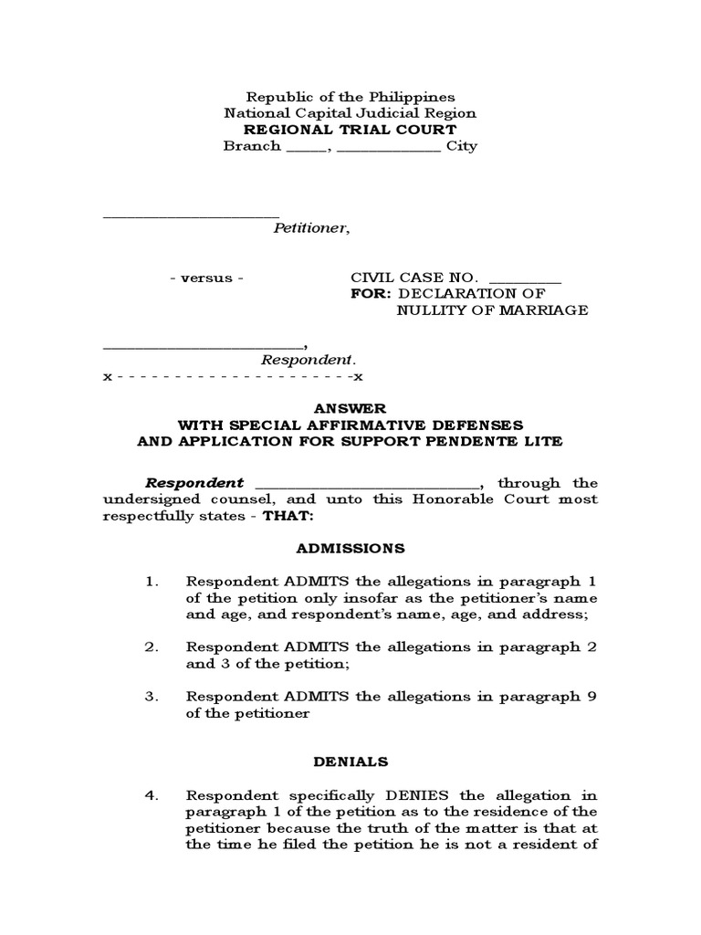 Respondent's Answer to Petition for Declaration of Nullity of Marriage ... Respondent's Answer to Petition for Declaration of Nullity of Marriage ...
