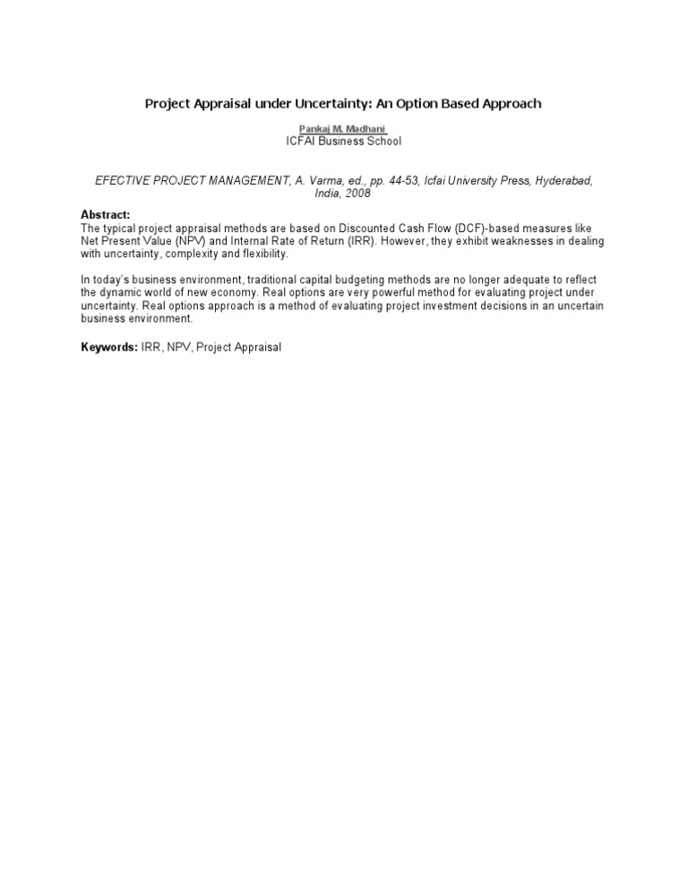 Project Appraisal Under Uncertainty: An Option Based Approach | PDF ...