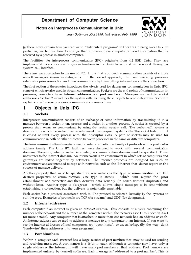 Department Of Computer Science Notes On Interprocess Communication In Unix Pdf Network
